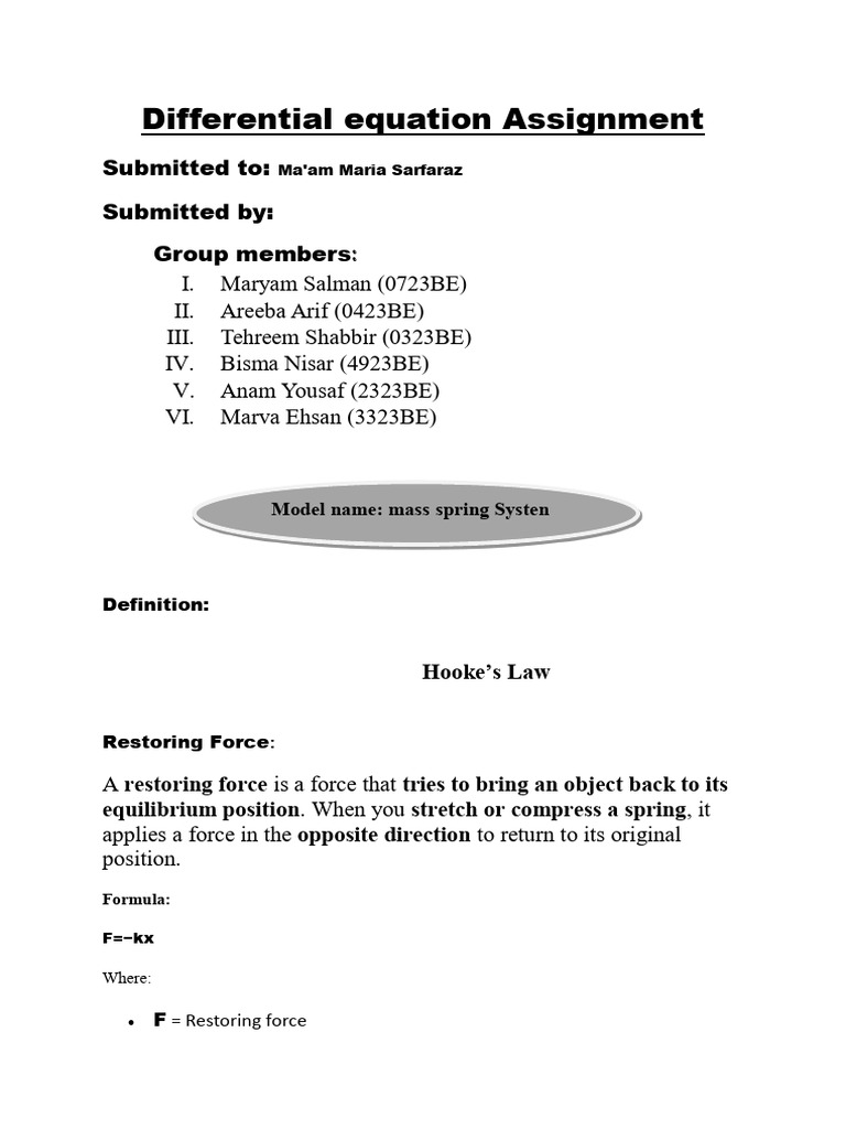 Mass Spring System Model | PDF | Force | Physics
