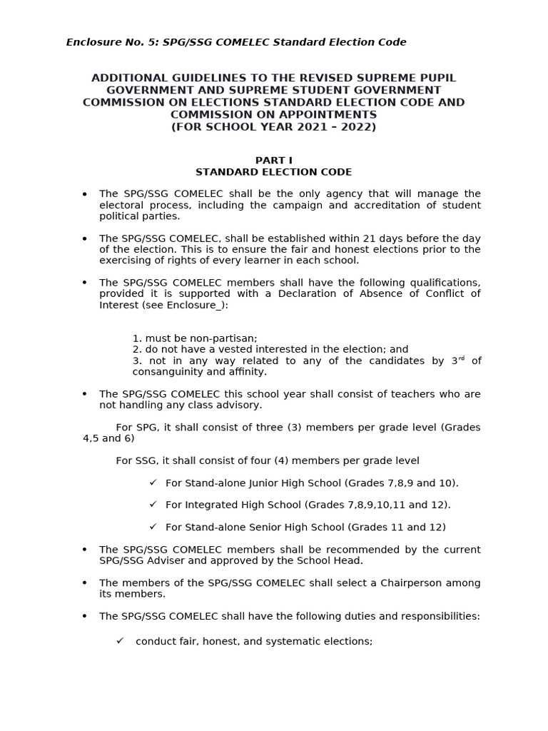 Enclosure No. 5 COMELEC SEC Standard Election Code | PDF
