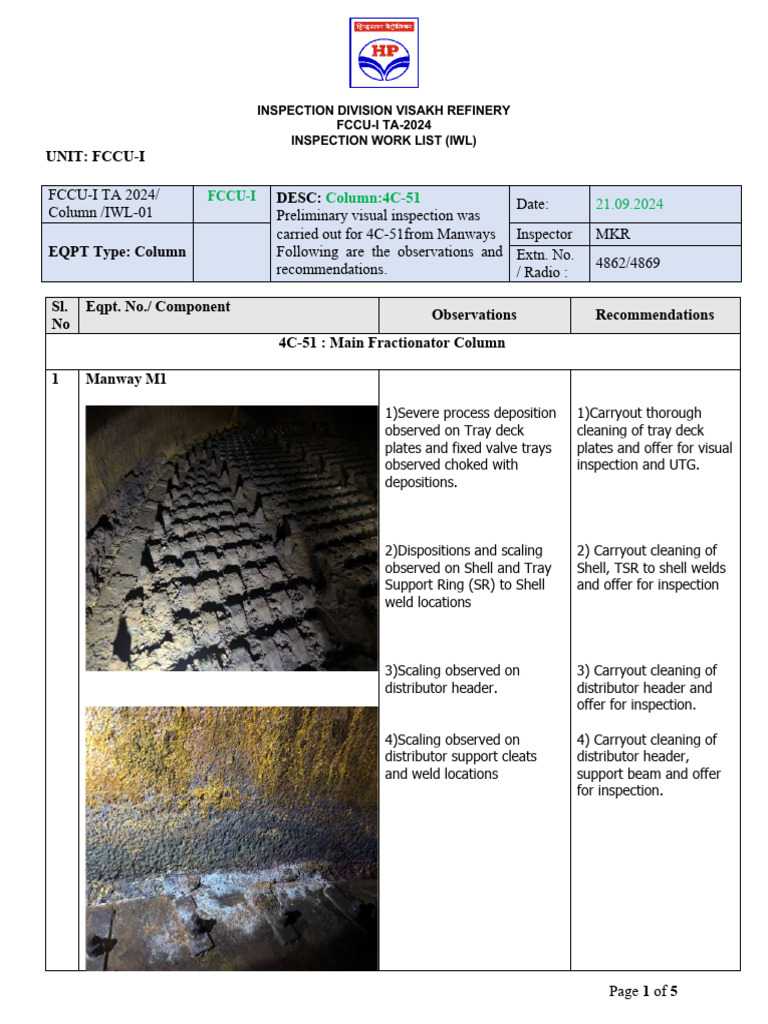 FCCU-I TA 2024-Column 4C-51 Preliminary Inspection From Manways | PDF
