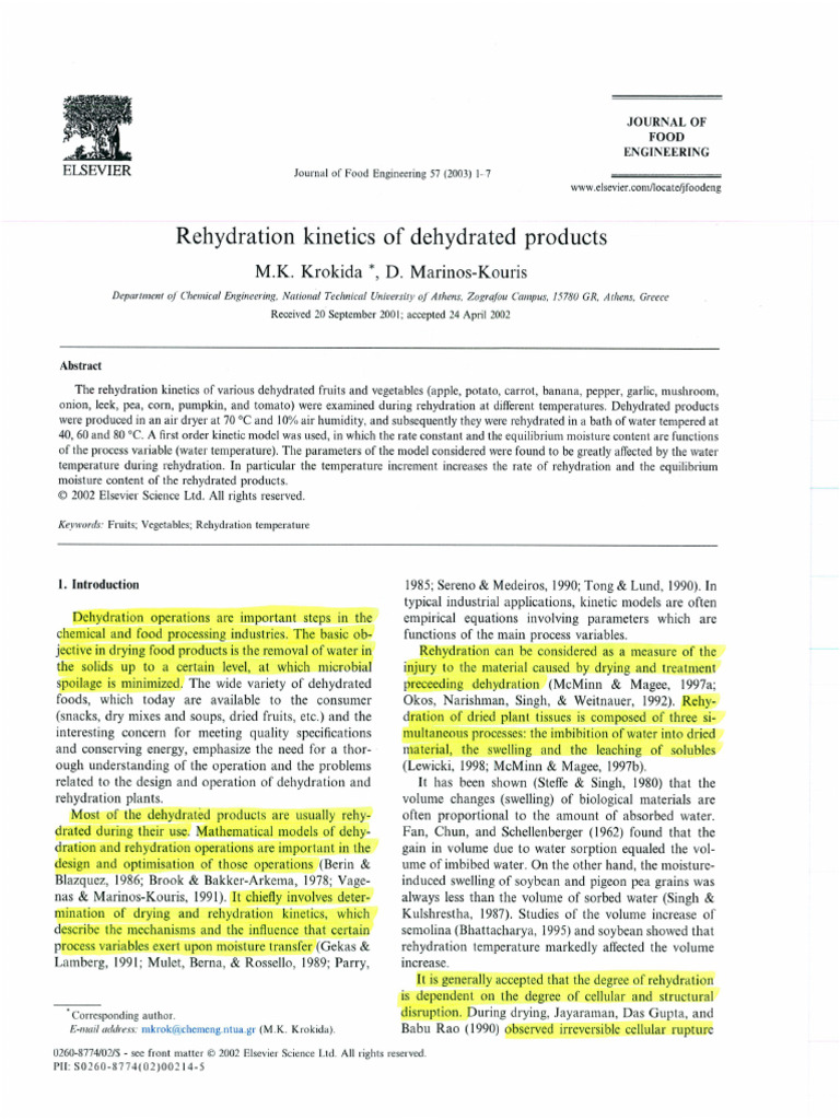 Rehydration Kinetics of Dehydrated Vegetables | PDF