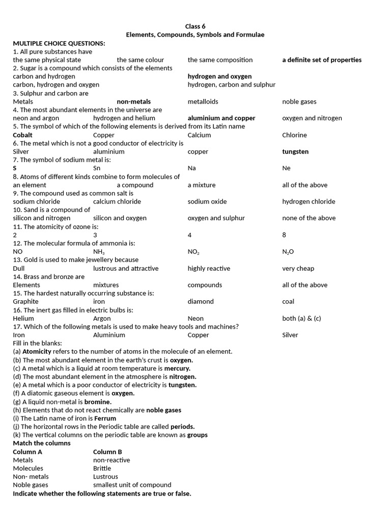 Class 6 Elements and Compounds Guide | PDF | Chemical Elements ...