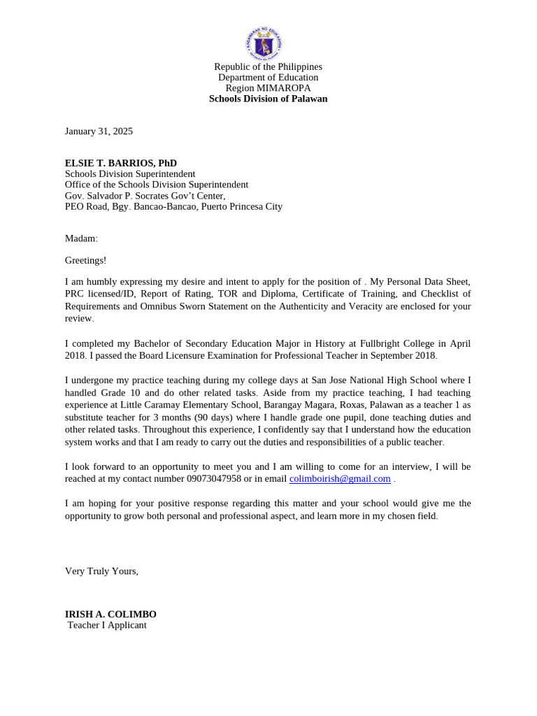 Colimbo I. Application Letter | PDF