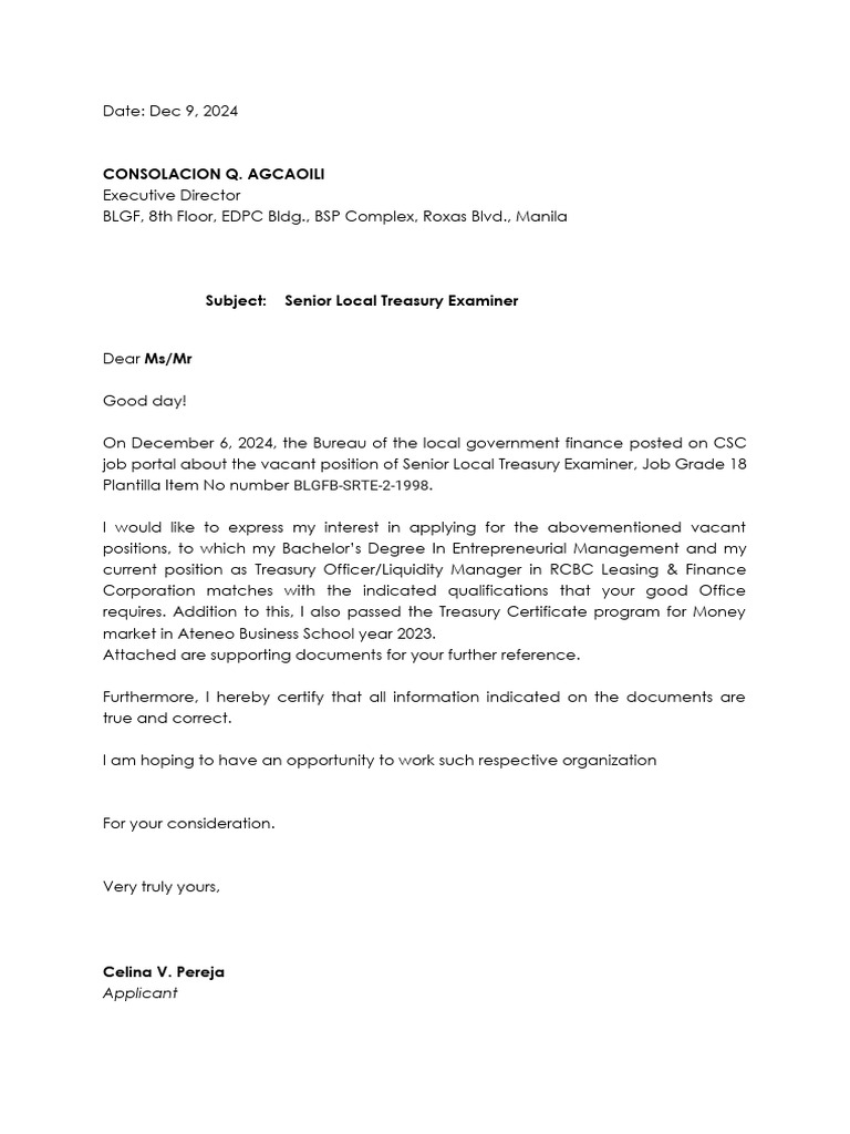 Senior Treasury Examiner Application | PDF