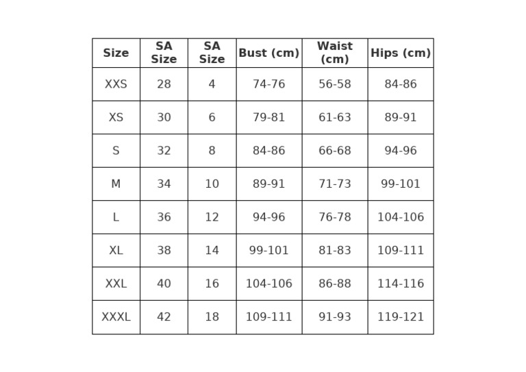 Size Chart for SA Clothing | PDF