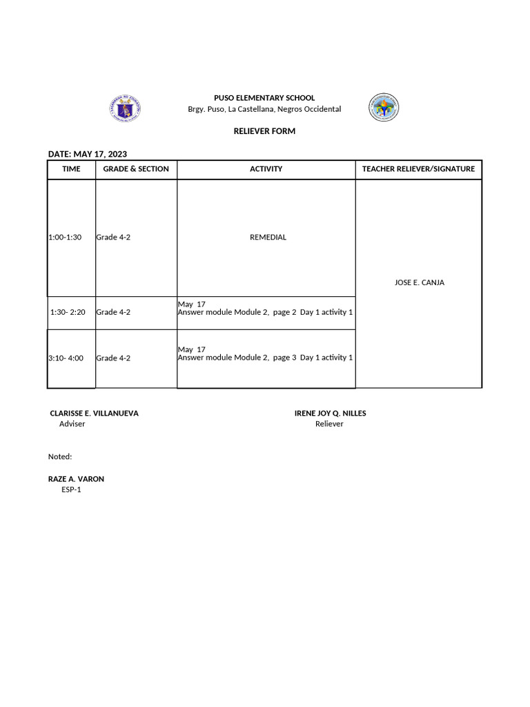 Reliever Form 2 | PDF