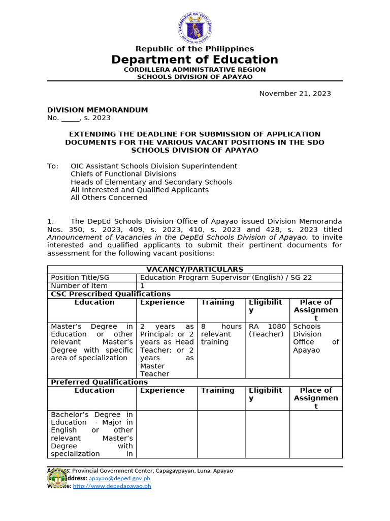 Extension of Submission of Documents For Various Positions | PDF