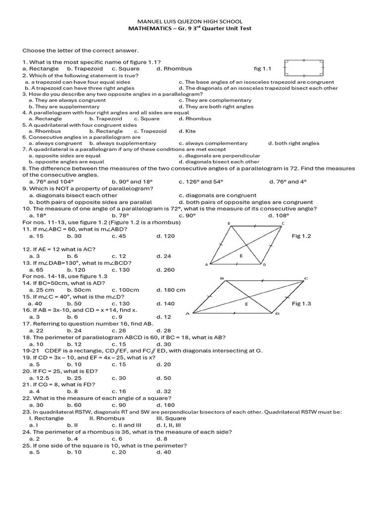 Grade 9 Math Unit Test: Quadrilaterals | PDF | Rectangle | Euclidean ...