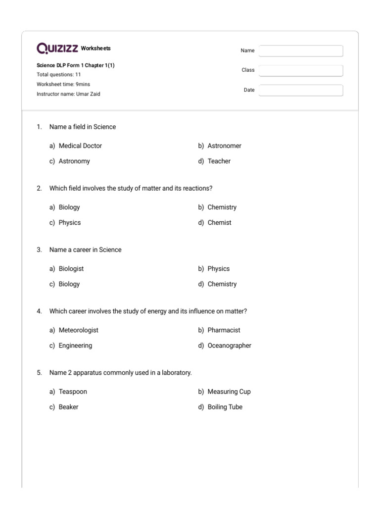 Science DLP Form 1 Chapter 1 Worksheet | PDF | Laboratories | Chemistry