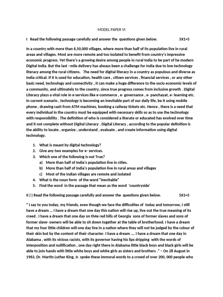 Model Paper 6 and Model Questions of 60 Marks | PDF | Literacy ...