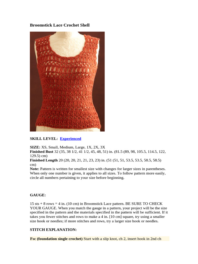 Doris Chan - Broomstick Lace Crochet Shell | PDF | Crochet | Gauge ...