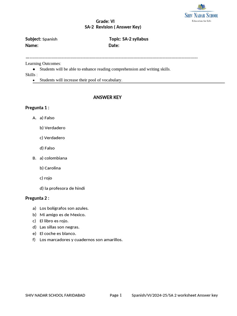 Answer Key of Sample Worksheet - GR 6 - SA2 | PDF