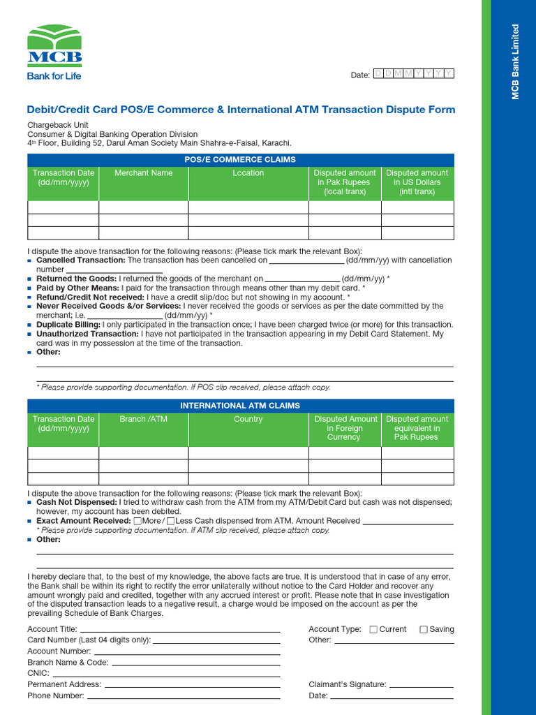 Dispute Form POS-ECommerce ATM 19 August 2024 | PDF | Cash | Debit Card