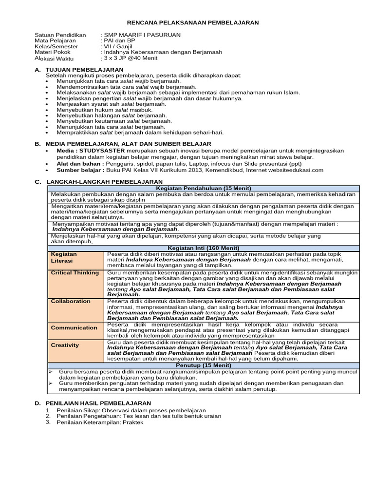 RPP 1 Lembar Pai Kelas 7 GANJIL | PDF