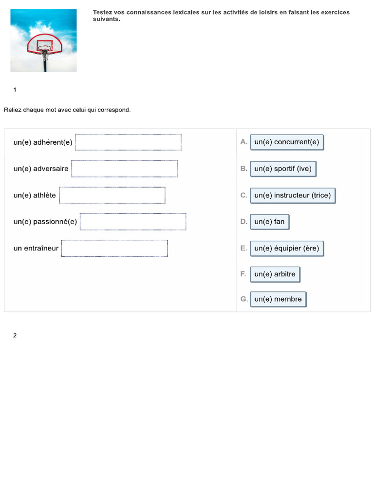 Activités de loisirs - Exercices de vocabulaire | PDF