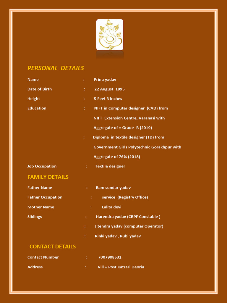 Personal Profile of Prinu Yadav | PDF