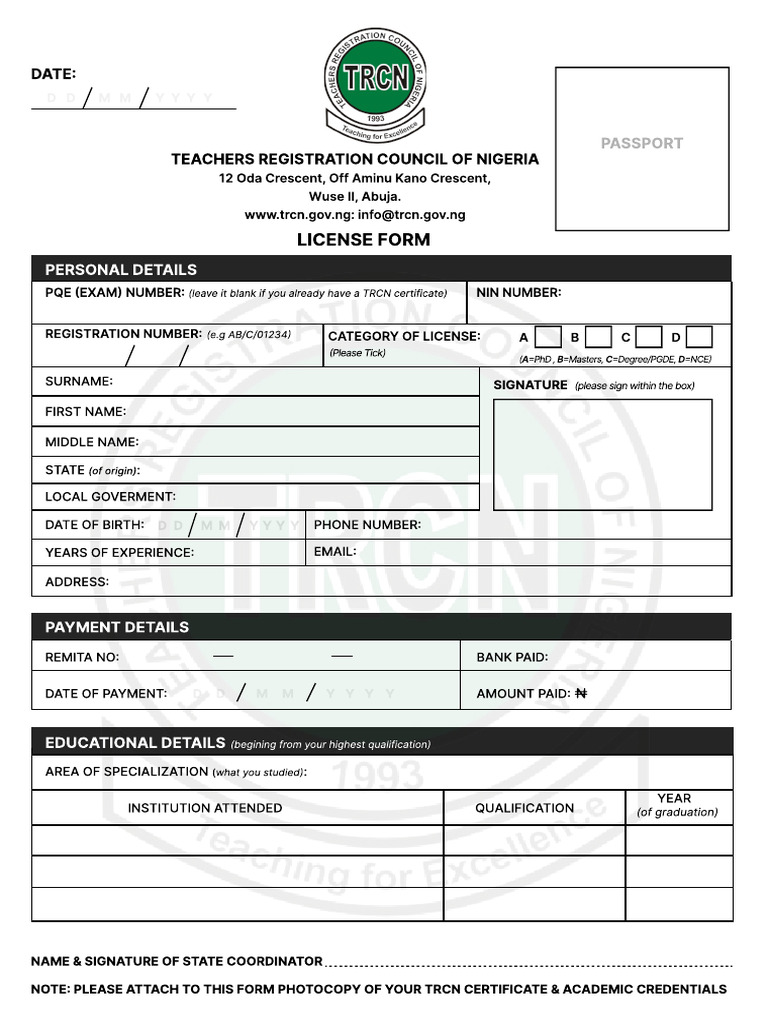 TRCN License Form-1 | PDF