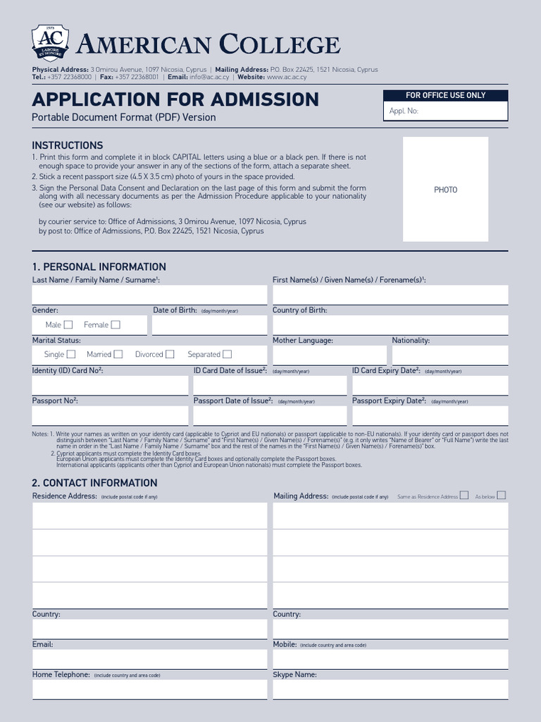 American College Admission Application Form | PDF | Disability ...