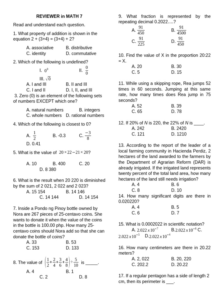 Math 7 Review Questions | PDF | Mathematics | Arithmetic