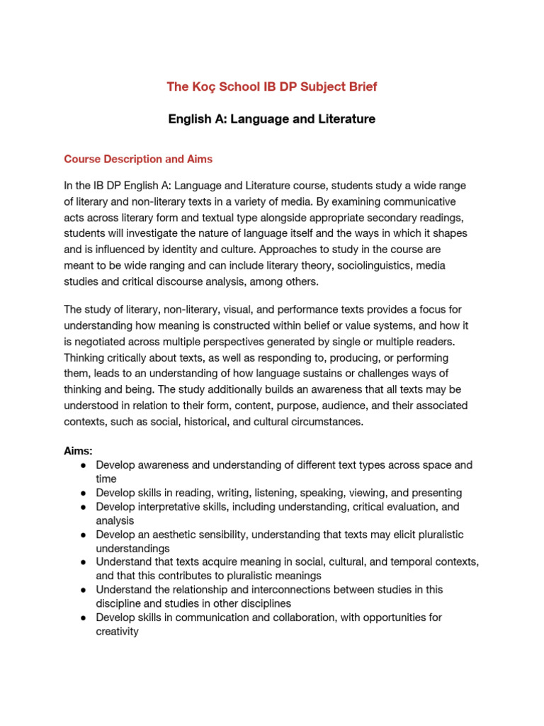The Koç School IB DP Subject Brief - English IB English A_ Language and ...
