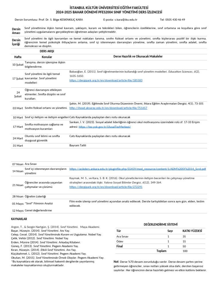 PFES Sınıf Yönetimi İzlence | PDF