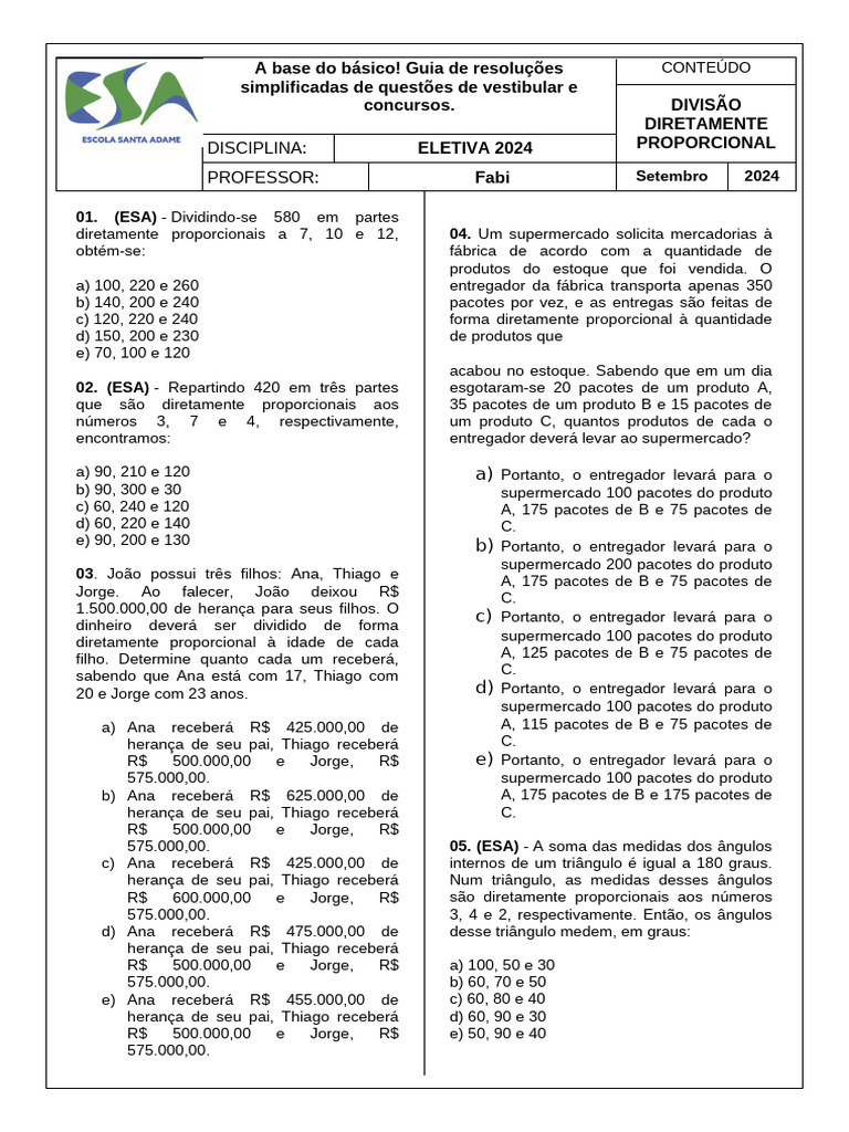 DIVISÃO DIRETAMENTE PROPORCIONAL | PDF | Triângulo