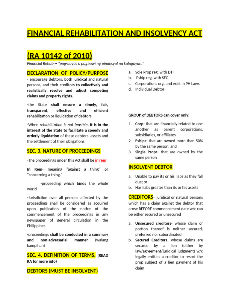 Financial Rehabilitation and Insolvency Act Notes | PDF | Insolvency ...