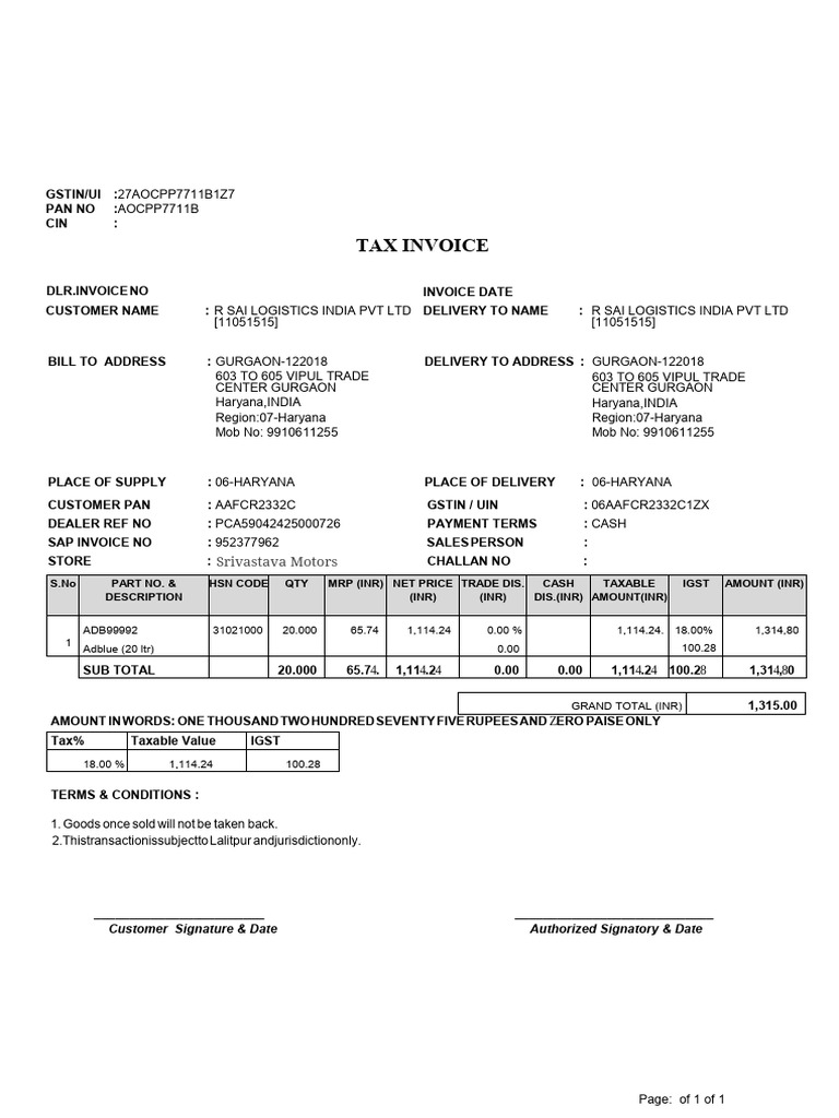 GST Invoice for R Sai Logistics India | PDF | Taxation | Economy Of India