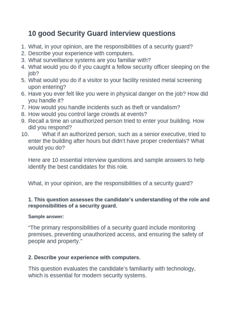 10 Good Security Guard Interview Questions | PDF | Security Guard ...