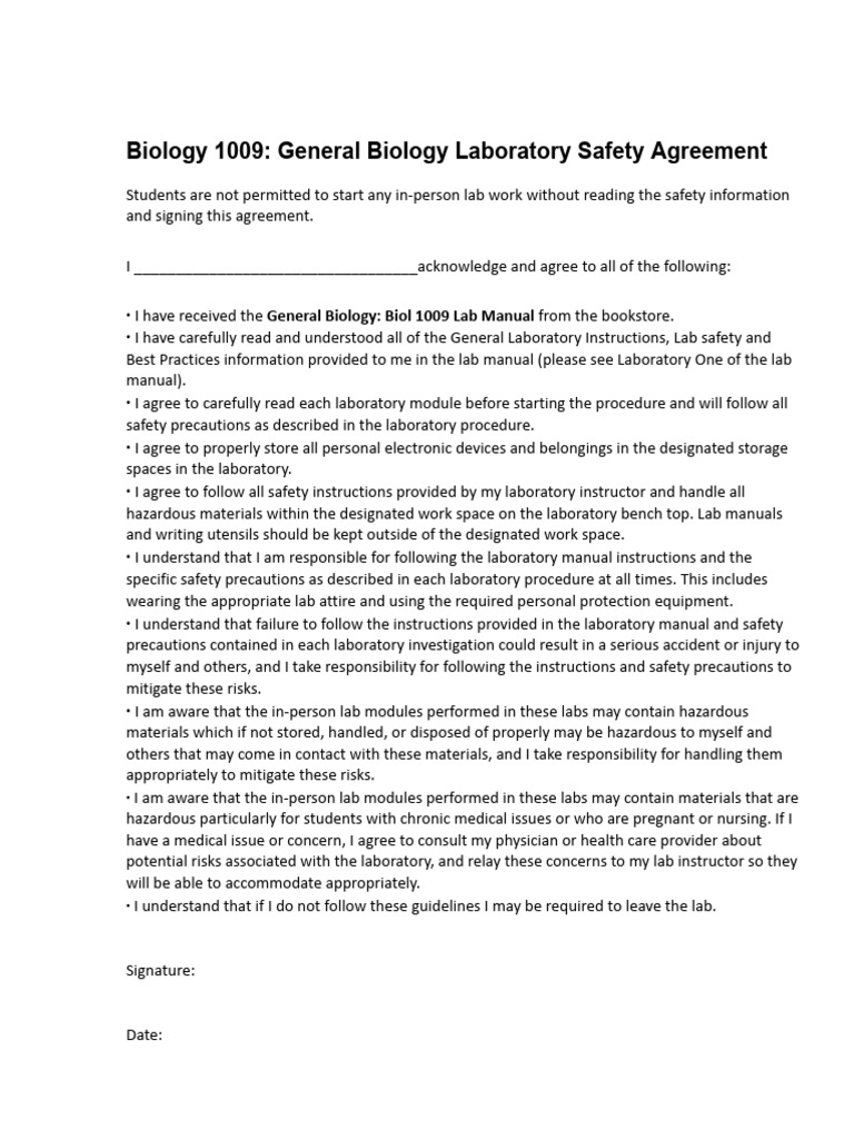 General Biology Lab Safety Agreement | PDF | Laboratories ...