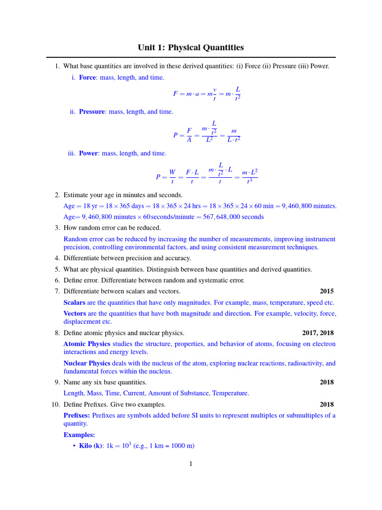 Phy Unit 1 Physical Quantities | PDF | Kilogram | Accuracy And Precision