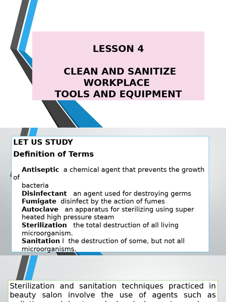 Lesson-4-CLEAN-AND-SANITIZE-WORKPLACE-HAIRCUT | PDF | Sterilization (Microbiology) | Disinfectant
