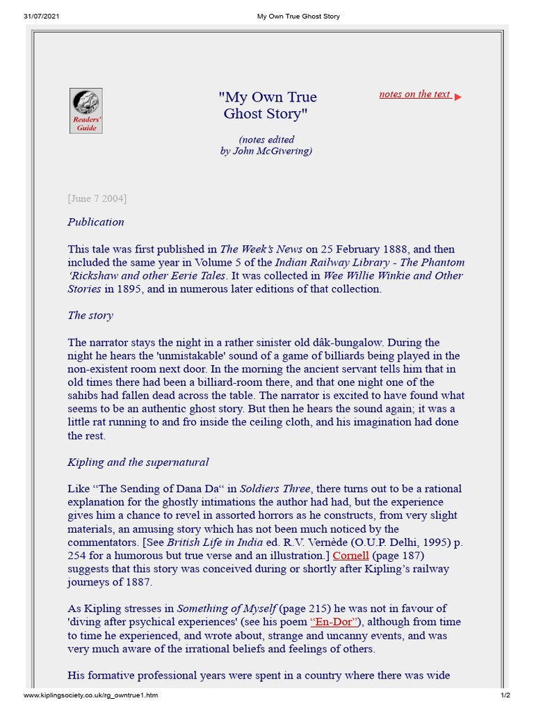 Kipling's True Ghost Story Analysis | PDF | Ghosts