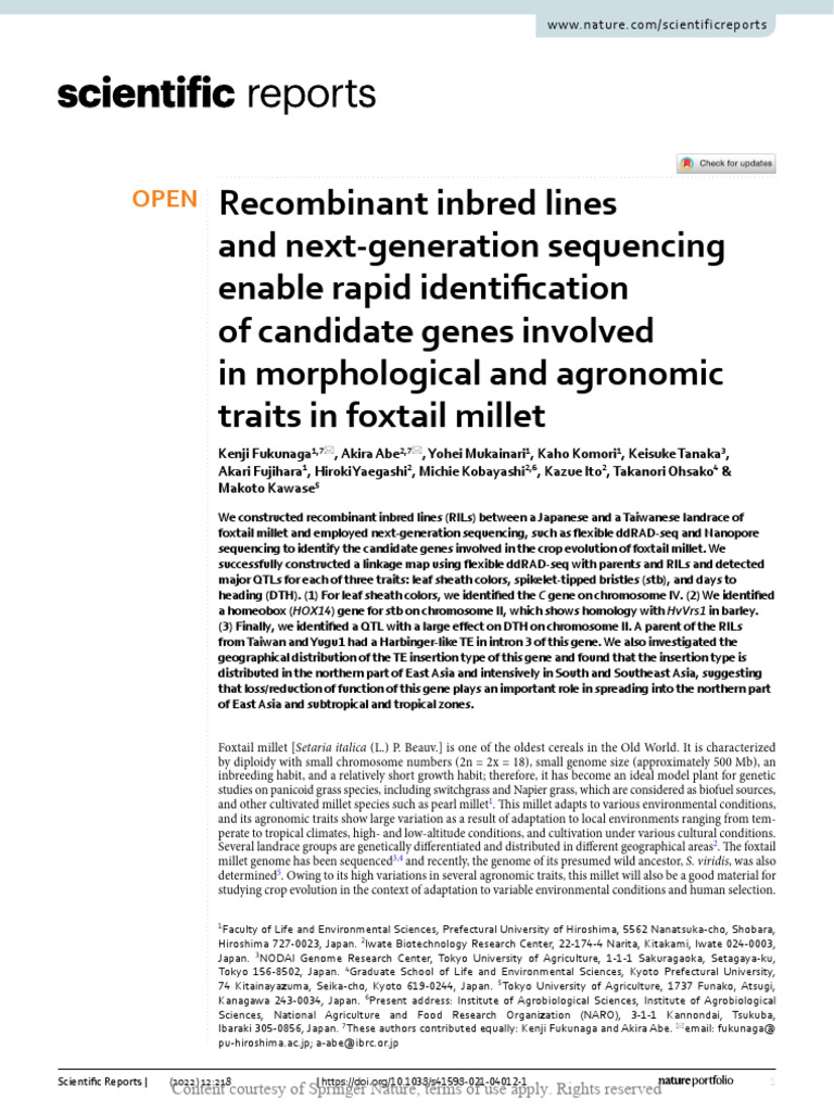 Gene Mapping in Foxtail Millet Traits | PDF | Quantitative Trait Locus ...