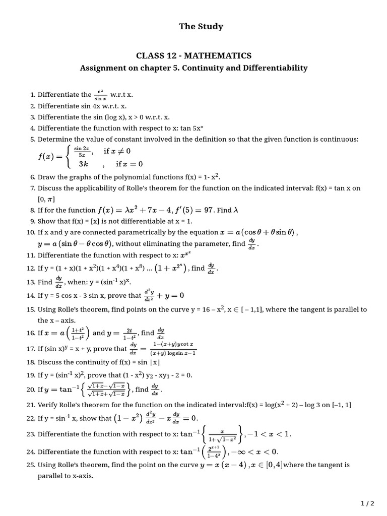 Assignment On Chapter 5. Continuity and Differentiability | PDF | Function (Mathematics ...