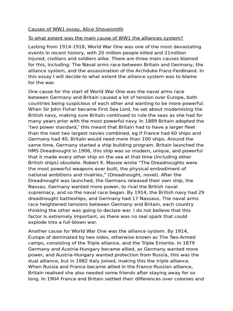 Causes of ww1 History Essay (C Ver) | PDF | Allies Of World War I ...