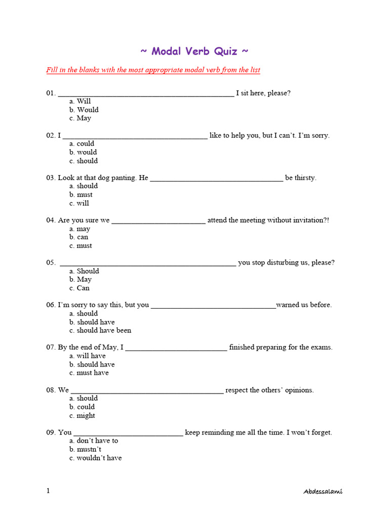 Multiple Choice Modal Verb Quiz | PDF