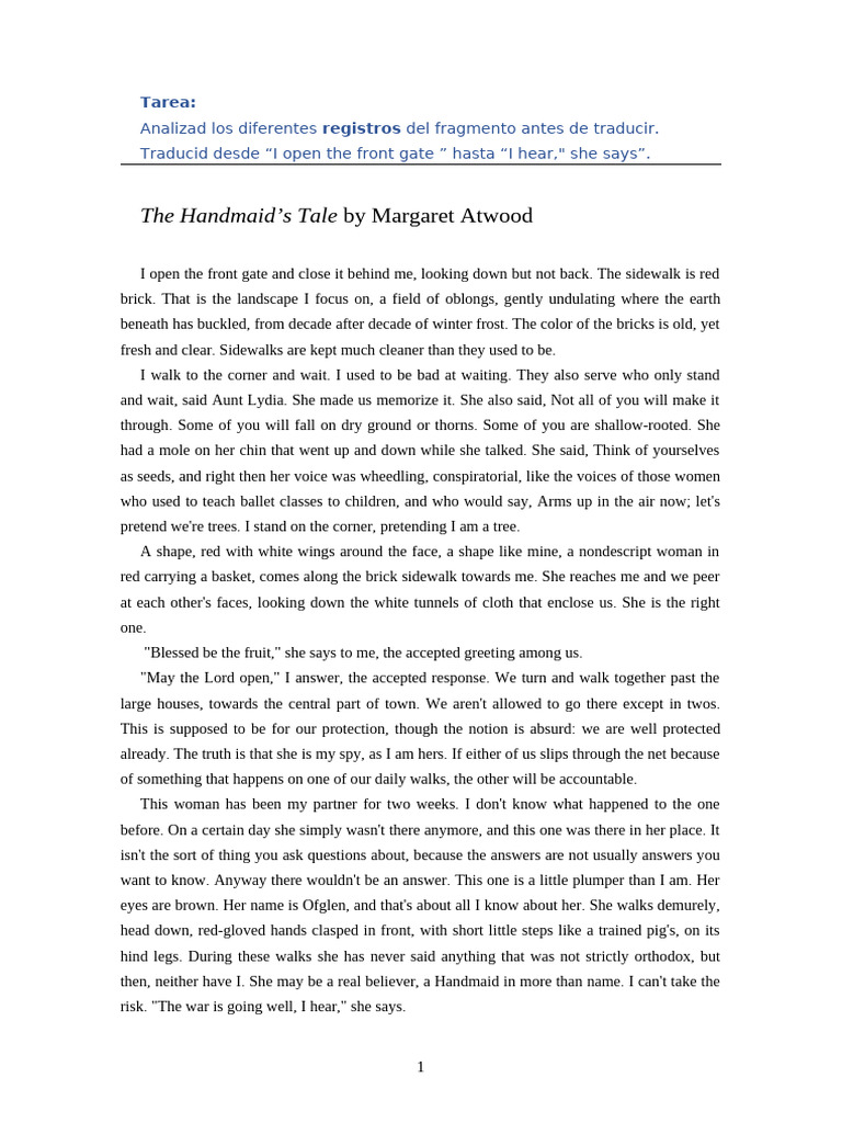 TO Tarea_3 Atwood, The Handmaids Tale (1) | PDF