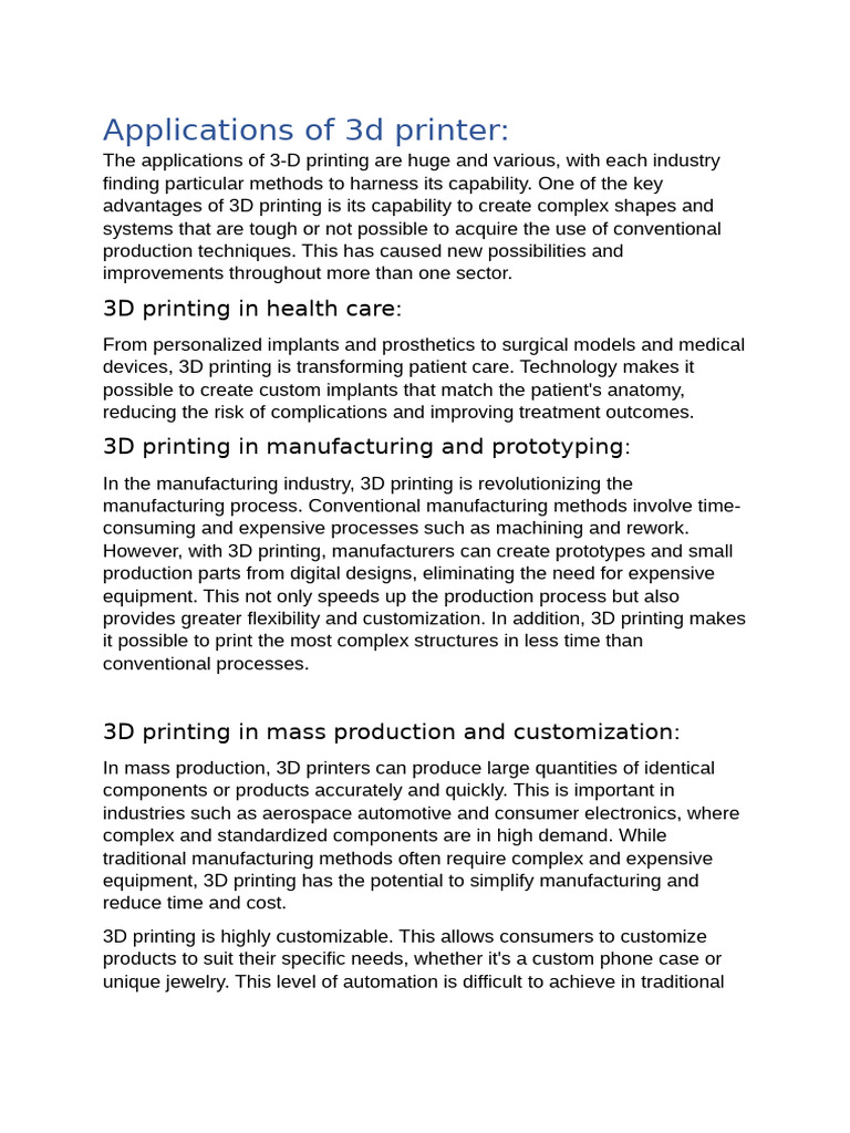 Applications of 3d printer | PDF | 3 D Printing | Economies