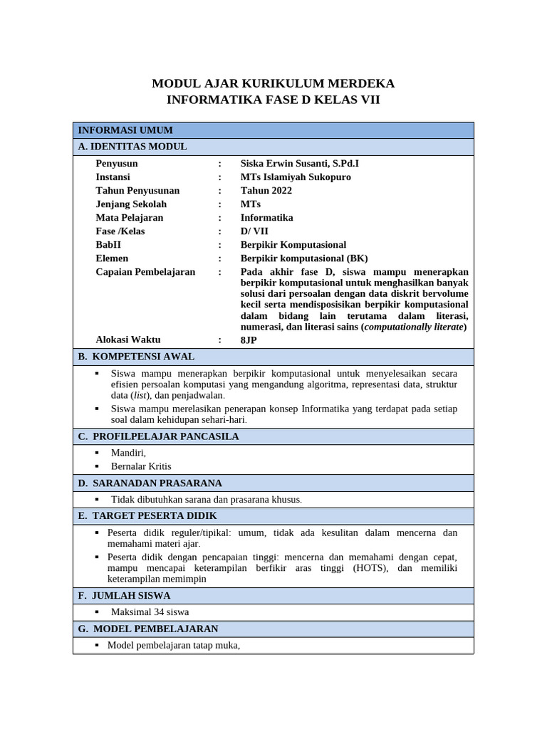 Modul Ajar Informatika Kelas 7 Fase D Bab 2 | PDF