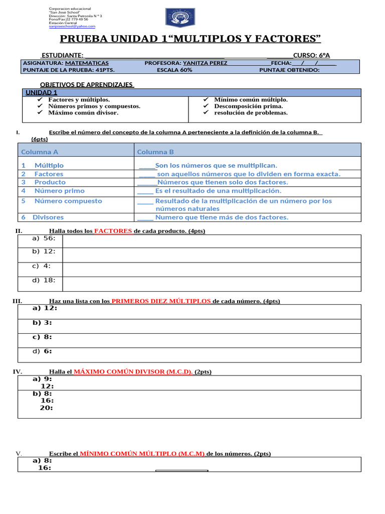 PRUEBA 6º Mate U1 Multiplos y Factores | PDF | Matemáticas discretas ...