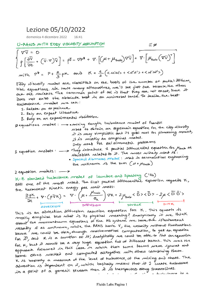 Appunti Meccanica Dei Fluidi - U-RANS | PDF