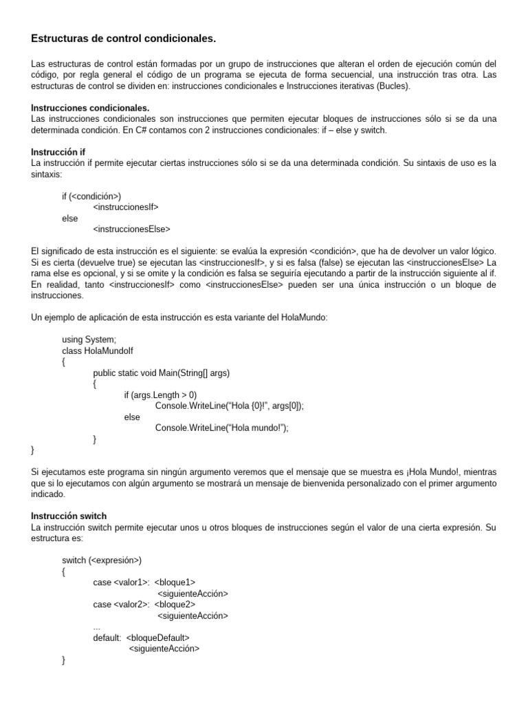 Estructuras de Control Condicionales | PDF | C Sharp (lenguaje de programación) | Flujo de control