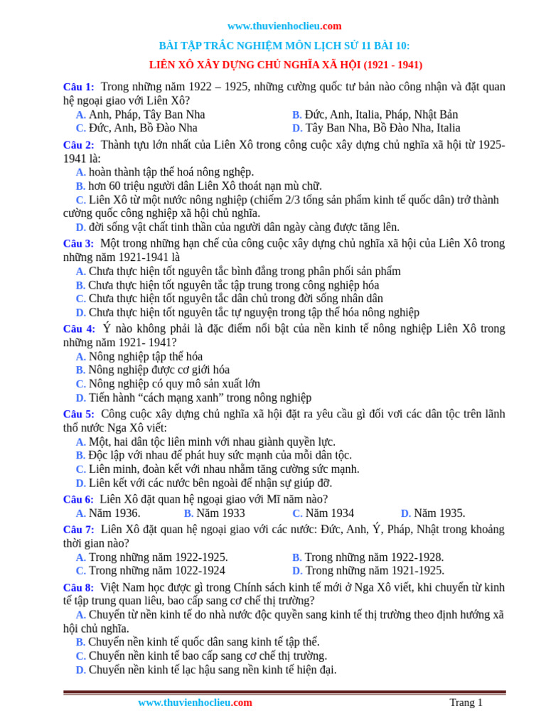 thuvienhoclieu.com-Trac-Nghiem-Lich-su-11-Bai-10 | PDF