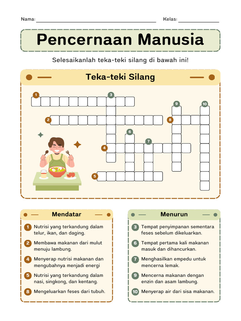 Pencernaan Manusia Lembar Kerja Teka-teki Silang Hijau Kuning Garis Ilustrasi | PDF
