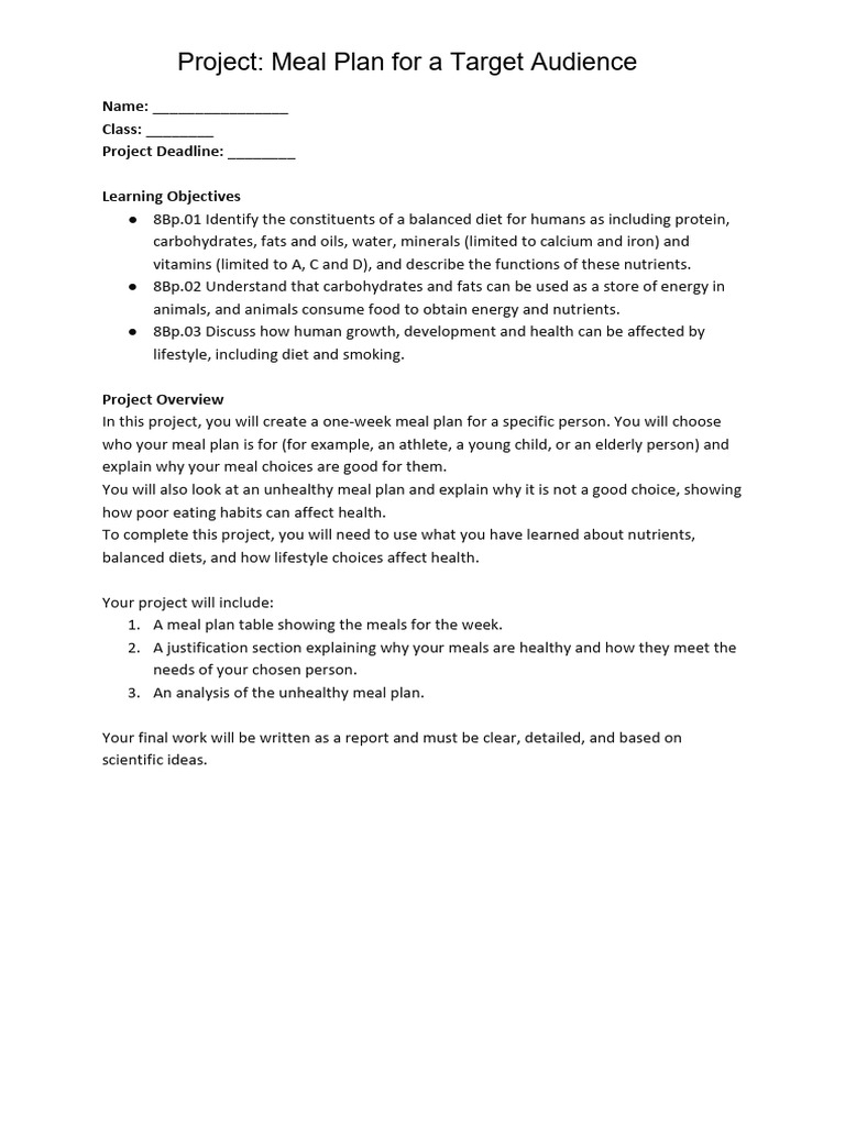 Project Meal Plan For A Target Audience | PDF | Diet (Nutrition) | Diet ...