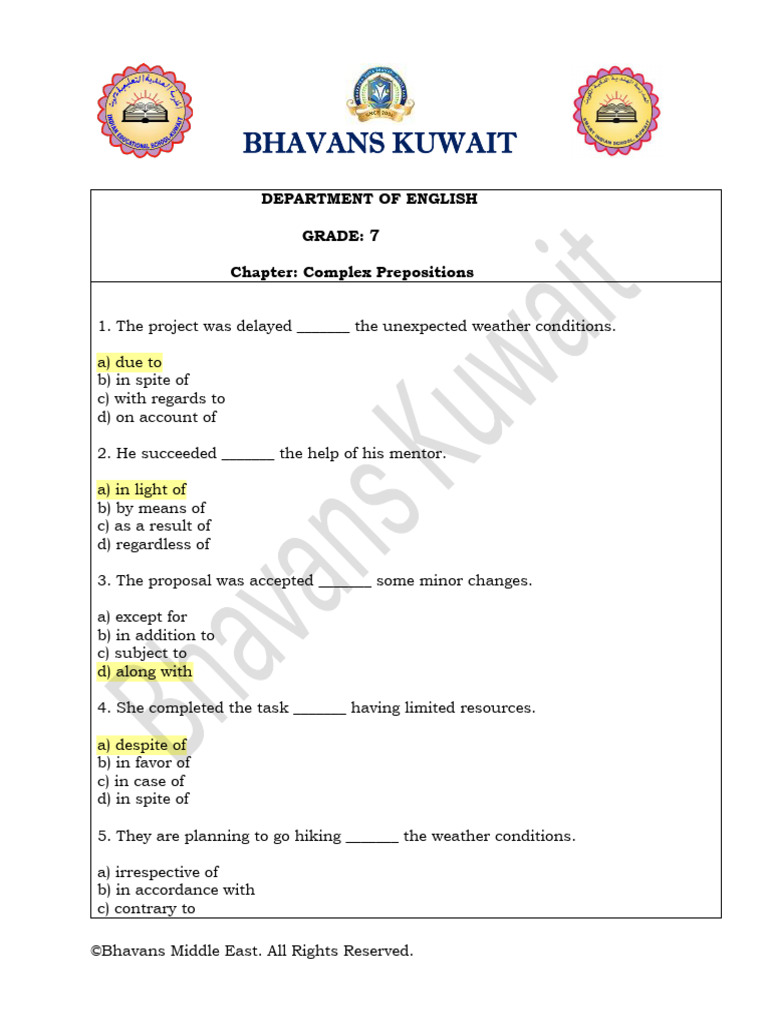 Worksheet Complex Prepositions | PDF