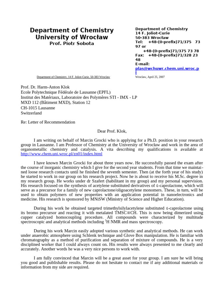 LTR of Recommendation For Marcin Grocki Szef | PDF | Materials ...