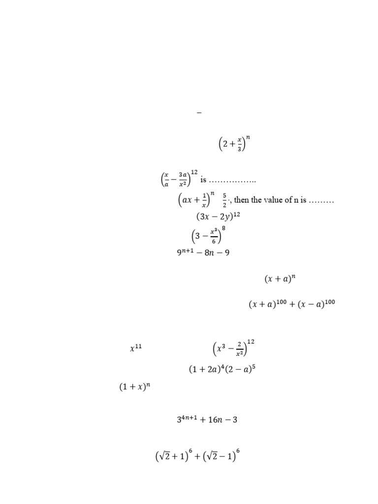 Binomial Theorem Worksheet for Class XI | PDF | Abstract Algebra ...