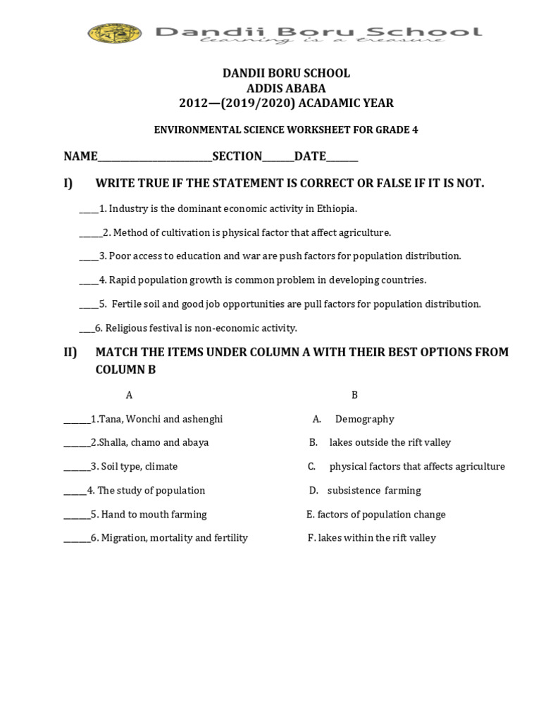 Grade 4 Environmental Science Worksheet | PDF