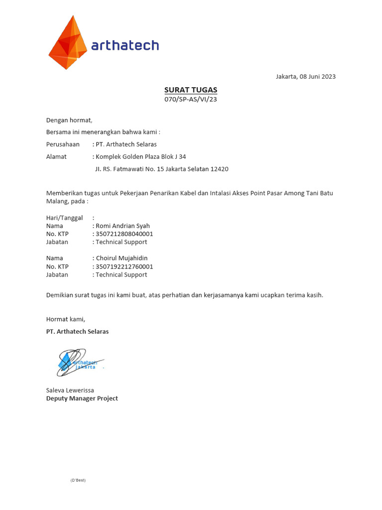 070 - Surat Tugas Pekerjaan Penarikan Kabel Dan Intalasi Akses Point ...